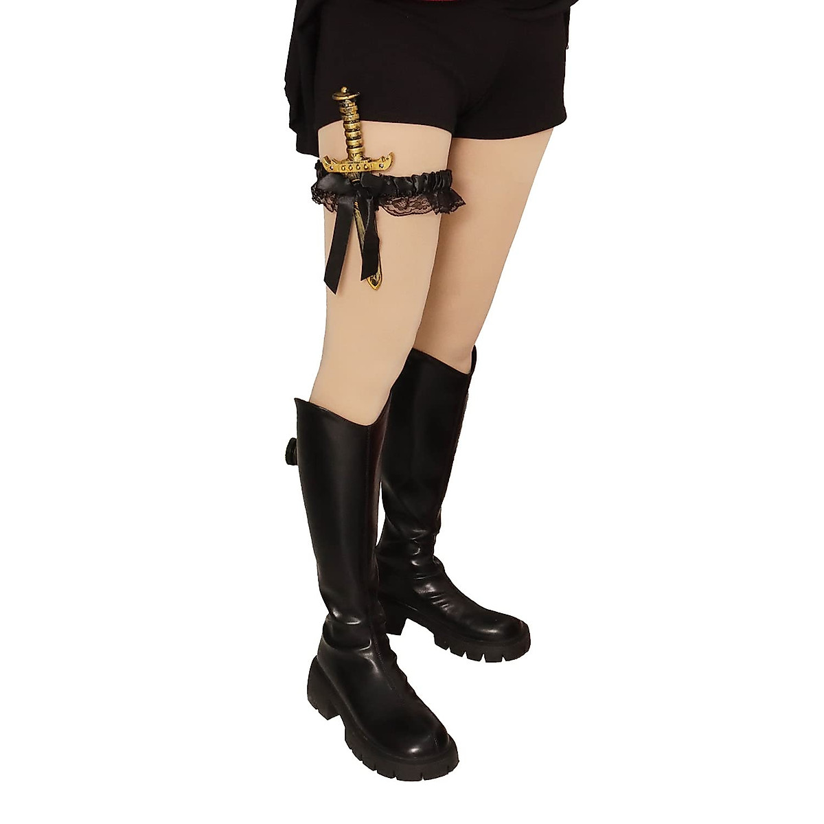 2 Pcs Bow Garter with Pirate Dagger Lace Bow Leg Ring Sword Leg Holster for Halloween Carnival Dress Up Props Women Girls Favor,Black