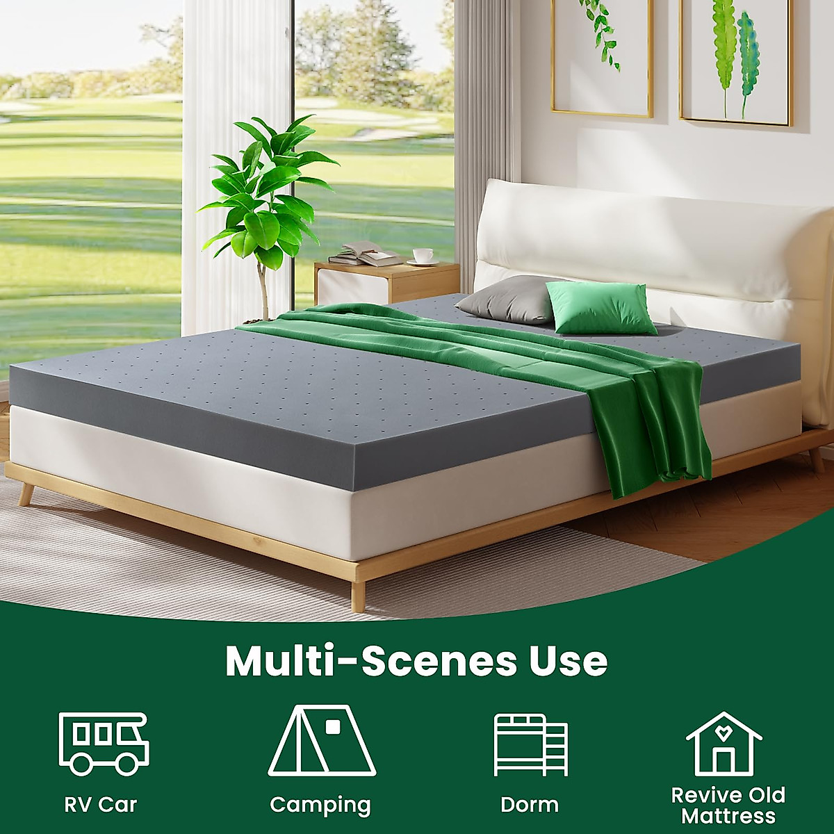 VISCOFLEX Queen Mattress Topper, 3 Inch High Density Foam Mattress Topper for Back Pain & Extra Weight Individuals, Back Pain Relief - Charcoal Infusion, New-Version