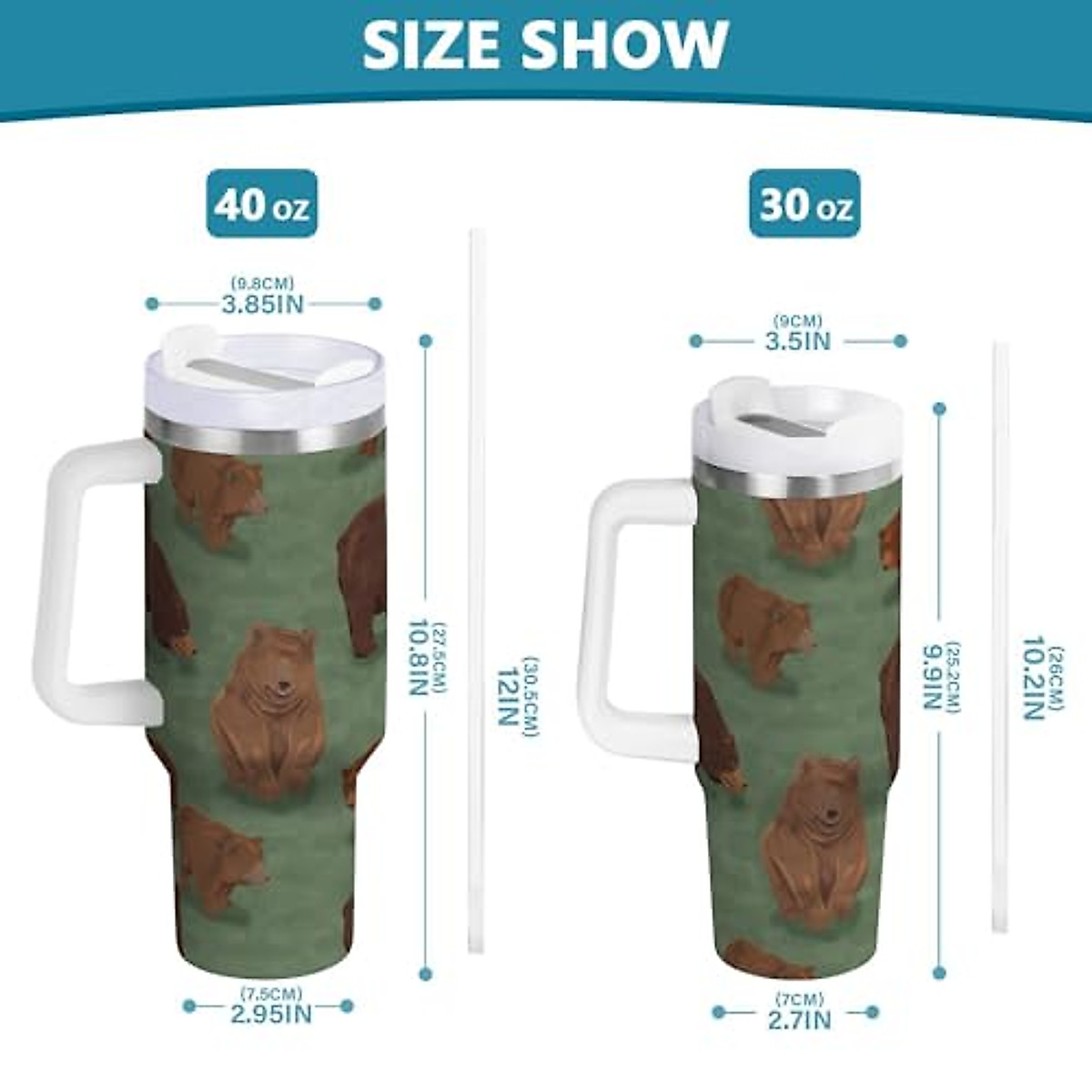 DIGTIA Stainless Steel Insulated Tumbler w/Handle & Straw, Brown Bears Double Wall Vacuum Travel Coffee Mug Cup w/Lid, Leak-Proof Sports Cartoon Water Bottle,30oz