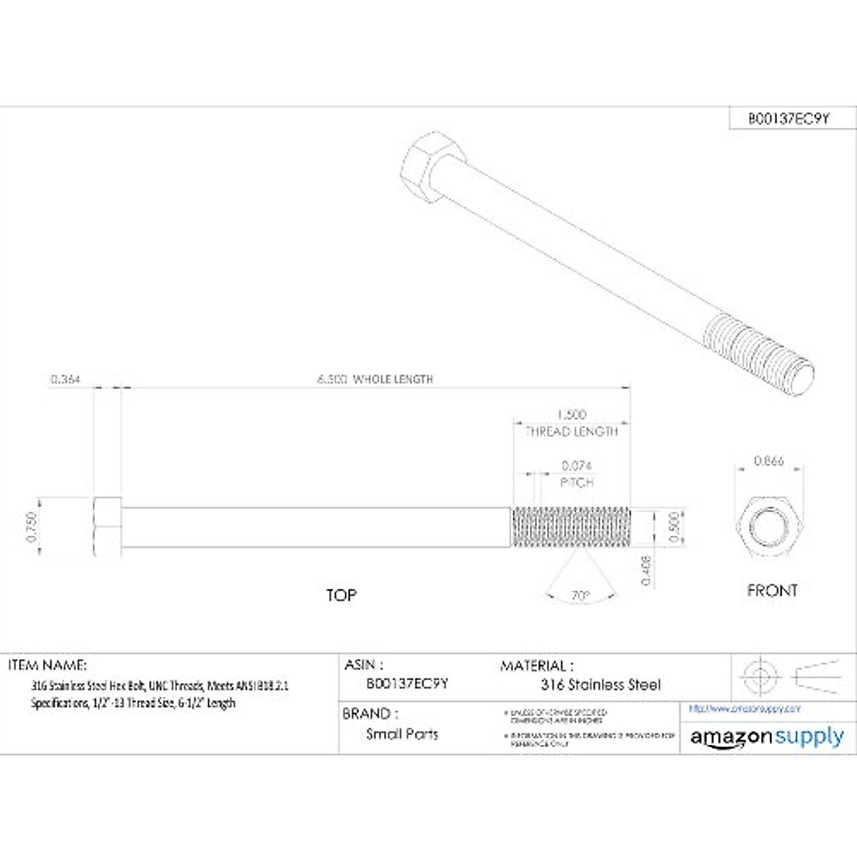 Small Parts 316 Stainless Steel Hex Bolt, Plain Finish, Hex Head, External Hex Drive, Meets ASME B18.2.1, 4" Length, Partially Threaded, 1/2"-13 UNC Threads
