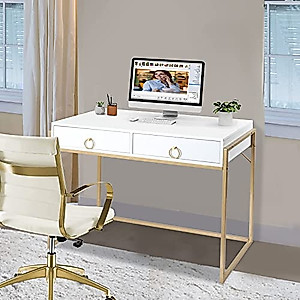 Anmytek Home Office Writing Desk 2 Drawers Storage, Contemporary Makeup Vanity Table Study Desk, W/Matte White and Gold Finish Frame D0003