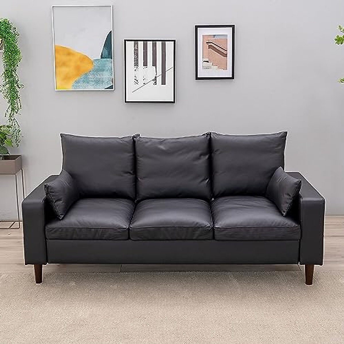 Panana Couch 3 Seater Loveseat Sofa with Storage Pockets for Living Room, Upholstered Faux Leather Sofa with 2 Pillows, Cushion Back Sofa for Bedroom, Home Office, Apartment