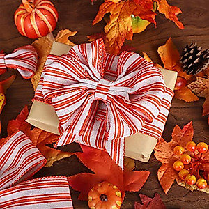 Whaline 2 Rolls Fall Thanksgiving Wired Ribbon Autumn Farmhouse Wired Edge Ribbon Orange Stripe Craft Ribbon for Bow Making Gift Wrapping Sewing Wreath Decoration, 2.5 Inch, 12 Yard