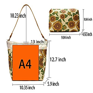 Womens Shoulder Bucket Bags Designer Handbags Tote Purses with Peonies Flowers and Butterflies Print and innner Pouch (Yellow Sunflower)