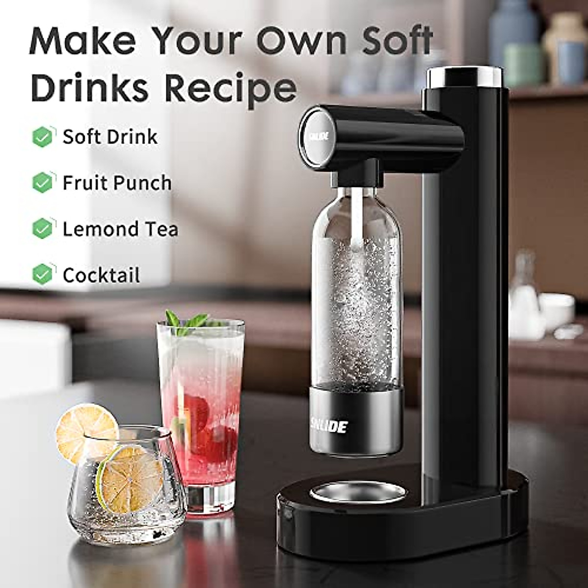 SNLIDE Soda Maker, Soda Water Machine with 1L BPA Free Pet Bottle & DIY Stickers, Easy to Operate, Sparkling Water Maker for Home, with One 60L CO2 Exchange Carbonator