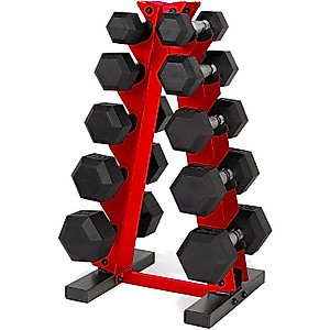 CAP Barbell A-Frame Dumbbell Weight Rack, Red (RK-12BIS-RD) with CAP 50lb Coated Hex Dumbbells, 5x2 20x2, & 10x2 15x2 & 25x2, Part of 150lb Set