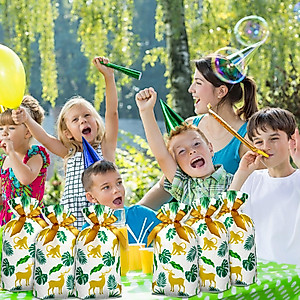50 Pcs Jungle Animal Treat Bags Green Gold Safari Animal Palm Leaves PE Plastic Candy Goodie Bags Safari Party Favor Bags with Gold Drawstring Ribbons for Wild Jungle Baby Shower Birthday Party Favors