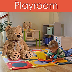 JOON Huge Teddy Bear - 38 Inches, Tan, Fluffy Faux Fur, Ribbon & Bow Signature Footprints- Huggable & Lovable Joy - Ideal Gift for Baby Showers, Loved Ones – Perfect Large Cuddly Plush Toy Companion