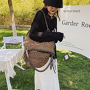 QTKJ Soft Large Straw Shoulder Bag with Brown Charm Leather Tassels, Boho Leather Handle Tote Retro Summer Beach Bag Rattan Handbag (Brown)