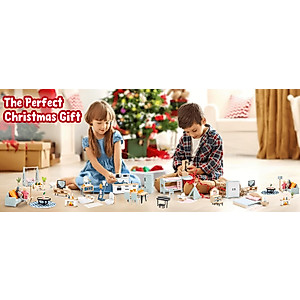 Giant bean 24 PCS Wooden Plastic Dollhouse Furniture Set, Bathroom and Bedroom Set, Wood Dollhouse Accessories Pretend Play Furniture Toys for Boys Girls & Toddlers