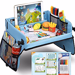 Upgraded Kids Travel Tray with Dry Erase Top Car Seat Travel Tray with 16 Organizer Pockets for Car Stroller Plane With 5 Educational Drawing Blue