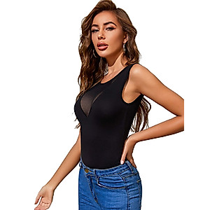 Verdusa Women's Sheer Contrast Mesh Sleeveless Slim Fitted Tank Top Black S
