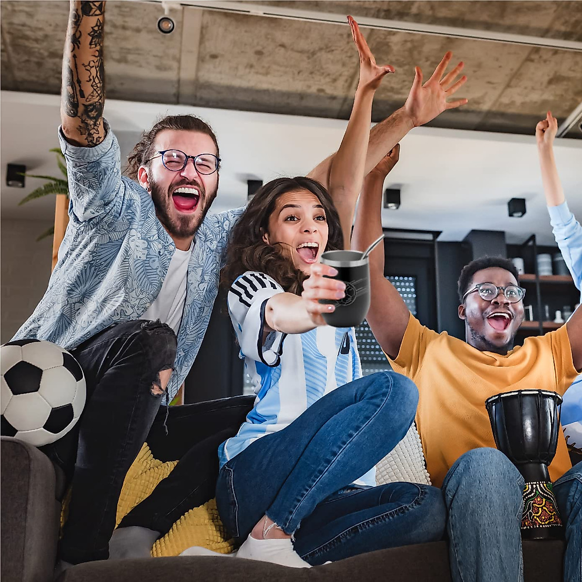 BALIBETOV Modern Mate Cup And Bombilla Set (World Cup Qatar 2022 special edition) - Includes Double Walled 18/8 Stainless Steel Mate Cup, Two Bombilla(Straw) and a Cleaning Brush (8 oz, Black)