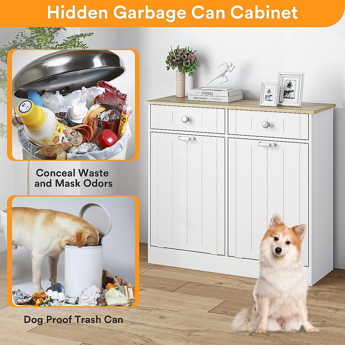 Rovibek Double Tilt Out Trash Cabinet with Storage 2 Drawers Multifunctional 20 Gallons Hidden Garbage Can for Kitchen, Bathroom, Laundry and Living Room