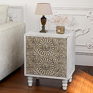 HOMPUS Nightstand, Rustic End Table with 2 Pattern Carved Drawers, Vintage Night Stand with 4 Wood Legs, Small Dresser for Bedroom, Living Room, Light Grey Grain