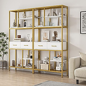 HITHOS Bookshelf, Tall Bookcase with 2 Drawers and Storage Shelves, Industrial Etagere Bookcase Book Shelves for Office, Living Room, Bedroom, White/Gold