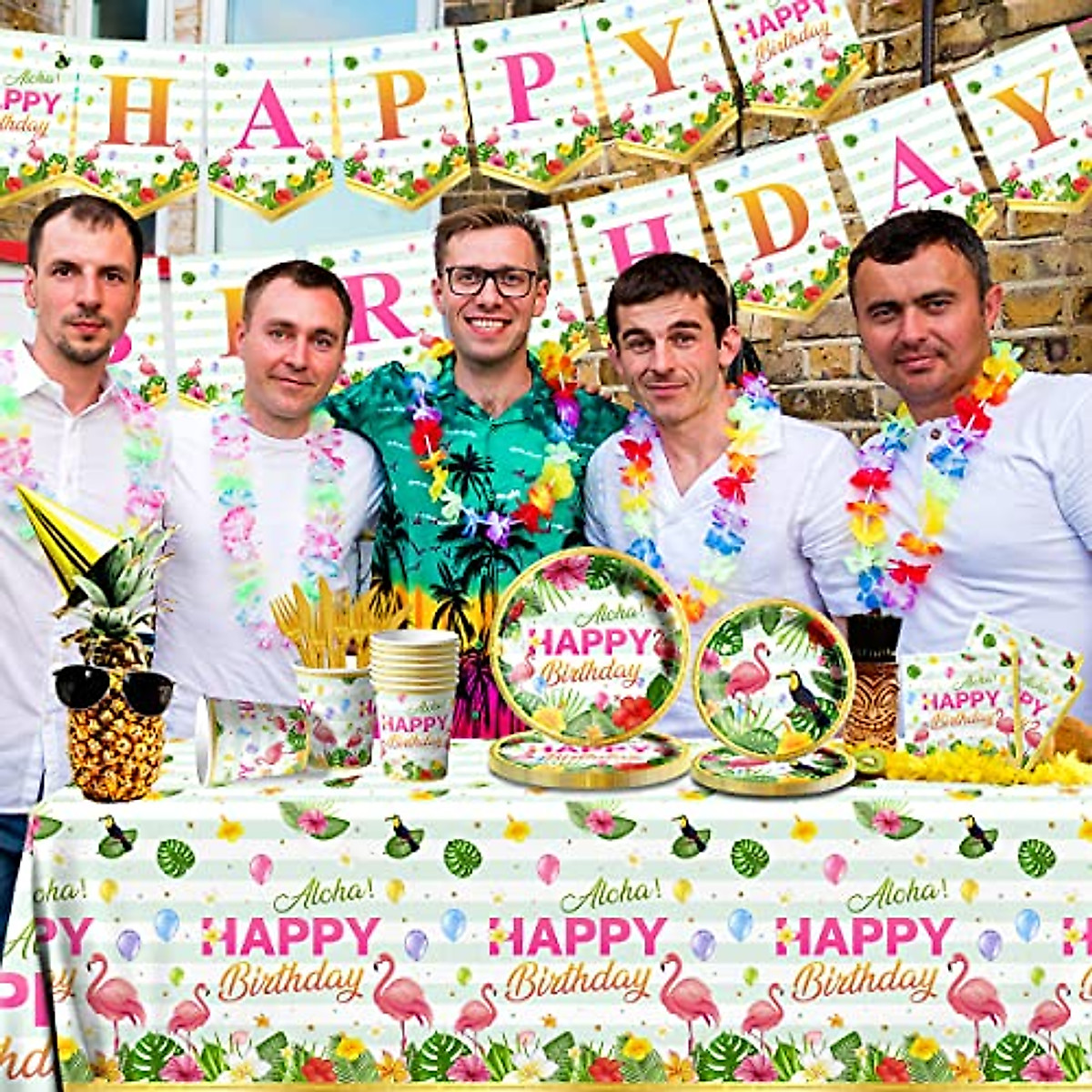 Luau Party Supplies,142pcs Aloha Birthday Tableware (Serves for 20) Hawaiian Theme Plates Cups Tablecloth Napkins for Tropical Birthday Party Decoration