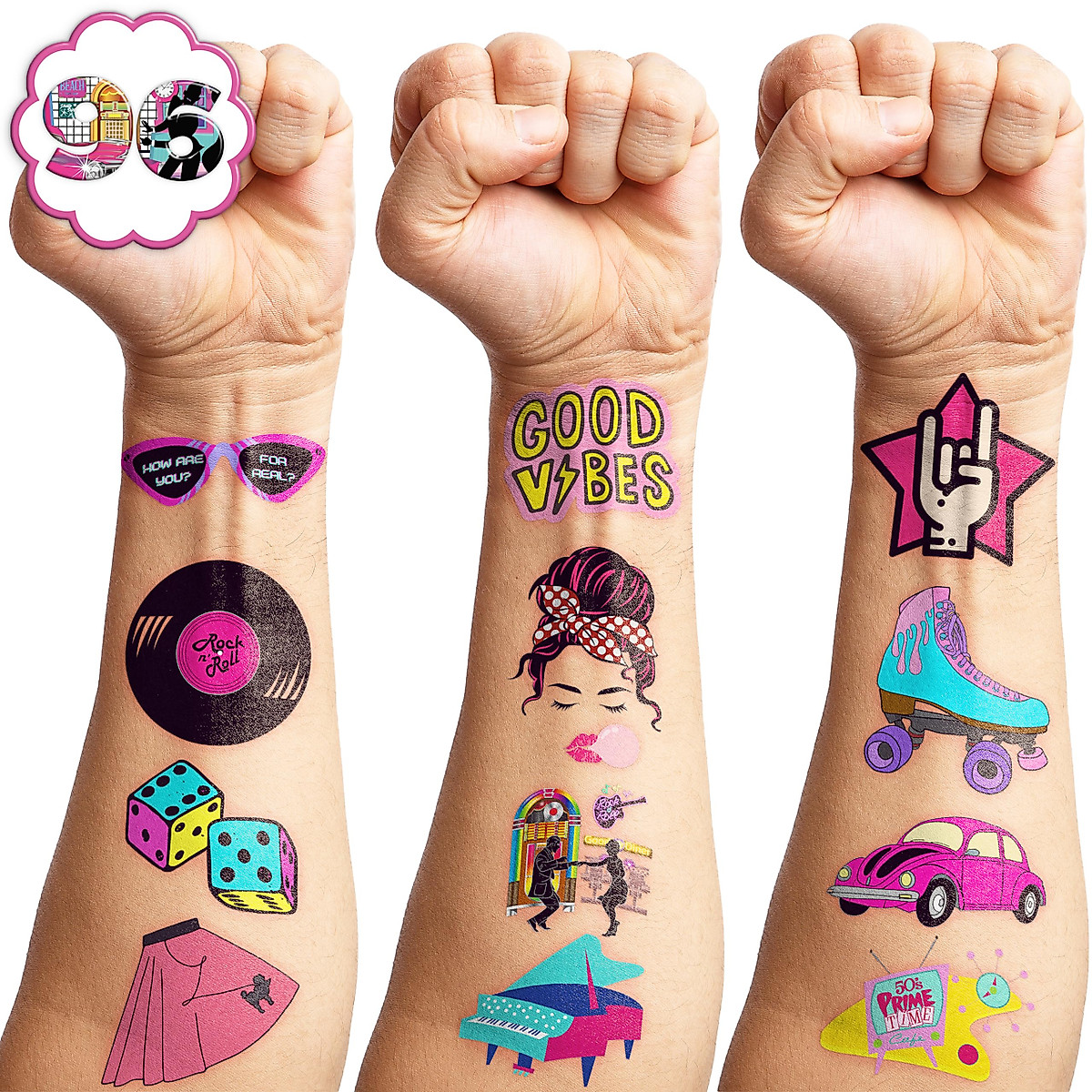 50s Temporary Tattoos for Fans, Themed 50s Birthday Party Decorations Favors Party Supplies 96PCS Tattoo Sticker Women Men Gifts Boys Girls Classroom School Prizes