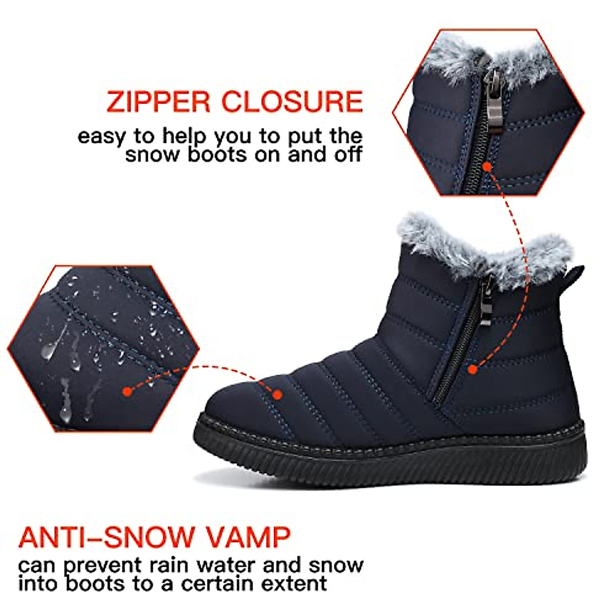 TEMOFON Womens Winter Snow Boots: Warm Fur Lined Ankle Booties Waterproof Slip On Booties Comfortable Outdoor Shoes with Zipper Blue Size 10