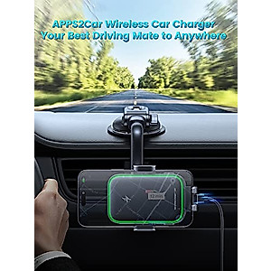 APPS2Car Wireless Car Charger Dual Coils Auto-Clamping Alignment Dashboard Phone Mount for Car Truck 15W Charging Holder Compatible with iPhone 14 13 Pro Max Samsung Z Fold/Z Flip All Mobile Phones