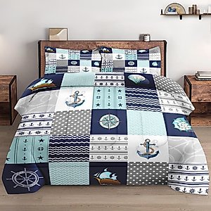 WeCozy Comforter Set Queen Size with 2 Pillowcases, Nautical Blue Marine Summer 3 Pcs Bedding Set for Kids and Adults, Sea Ocean Boat Plaid Soft Comforter Set for Bedroom Bed Decor