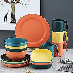Kyraton Plastic Dinnerware Sets of 20 Pieces, Unbreakable And Reusable Light Weight Plates Mugs Bowls Dishes Easy to Carry And Clean Microwave Safe BPA Free Dishwasher Safe Service For 4 (Mutil Color)