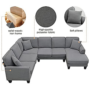 P PURLOVE Sectional Sofa, Large Sectional Sofa with 3 Pillows, U Shape Fabric Corner Couch with Backrest and Armrest, 7 Seats Sectional Couch for Living Room, Apartment, Office (Dark Grey)