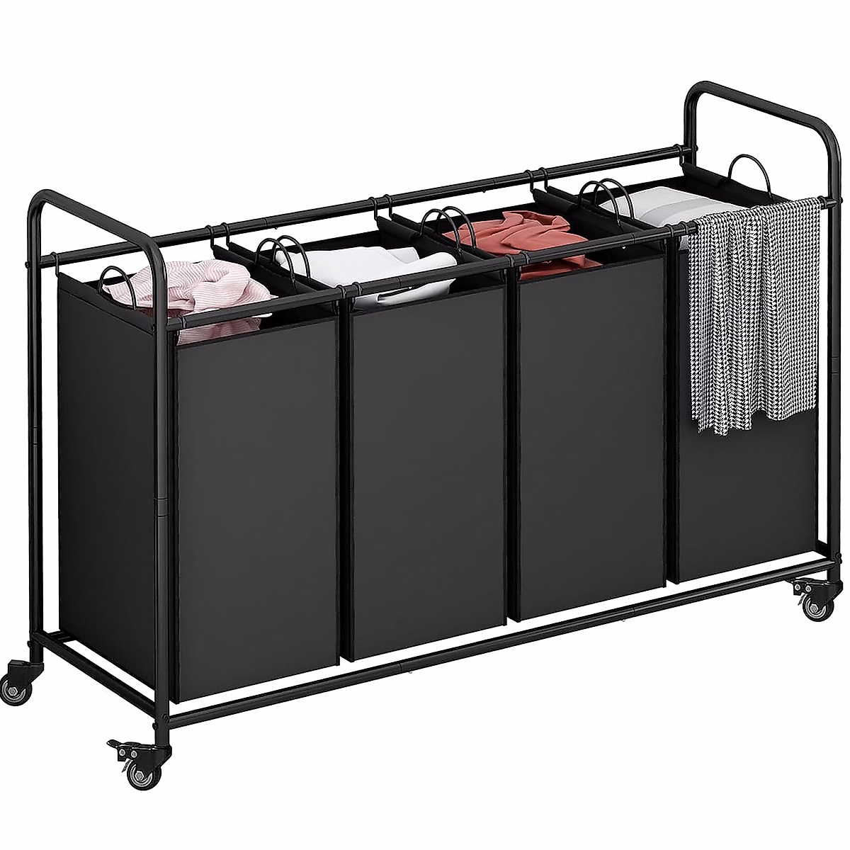 LINZINAR 4 Bag Laundry Basket Sorter Laundry Hamper Cart with Heavy Duty Rolling Lockable Wheels and Removable Bags,Black