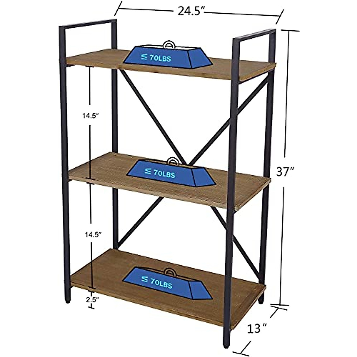 Industrial Small Bookshelf Bookcase Solid Wood 3 Tier Storage Rack Shelf for Small Space, Kitchen, Bathroom, Living Room, Office, 24.5" L x 13" W x 37" H