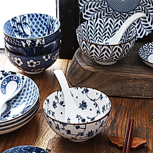 Gegong Blue and White Porcelain Dinnerware Set, Dishes, Bowl, Spoon, Chopsticks, Service for 1, Colorful Glazed Ceramic Set, Gift Box Packaging (Plum, Orchid, Bamboo and Chrysanthemum)