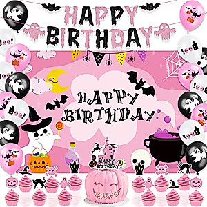 Halloween Birthday Party Decorations with Happy Birthday Halloween Banner, Halloween Birthday Pink Backdrop, Halloween Cake Cupcake Topper and Balloons for Kids Girls Halloween First Birthday