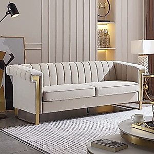 SLEERWAY Beige Velvet Couch Sofa, 84 Wide Mid-Century Modern Love Seat Tufted Chesterfield Velvet Sofa Loveseat Futon with Curved Arm Gold Leg, 3 Seat Large Comfy Couches Sofas for Livingroom (Beige)