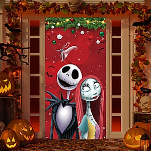 Nightmare Before Christmas Door Cover Jack Skellington Sally Zero Photo Backdrop Halloween Christmas Xmas Winter Holiday Decorations and Supplies for Home Party