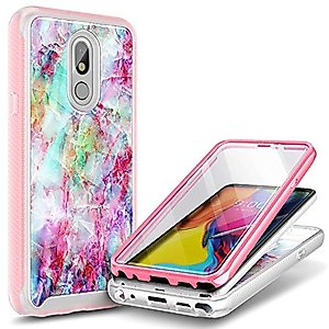 E-Began Case for LG Journey LTE L322DL, Neon Plus/Aristo 4+ Plus/Escape Plus/Tribute Royal/Arena 2, Full-Body Protective Shockproof Bumper with Built-in Screen Protector -Marble Design Fantasy