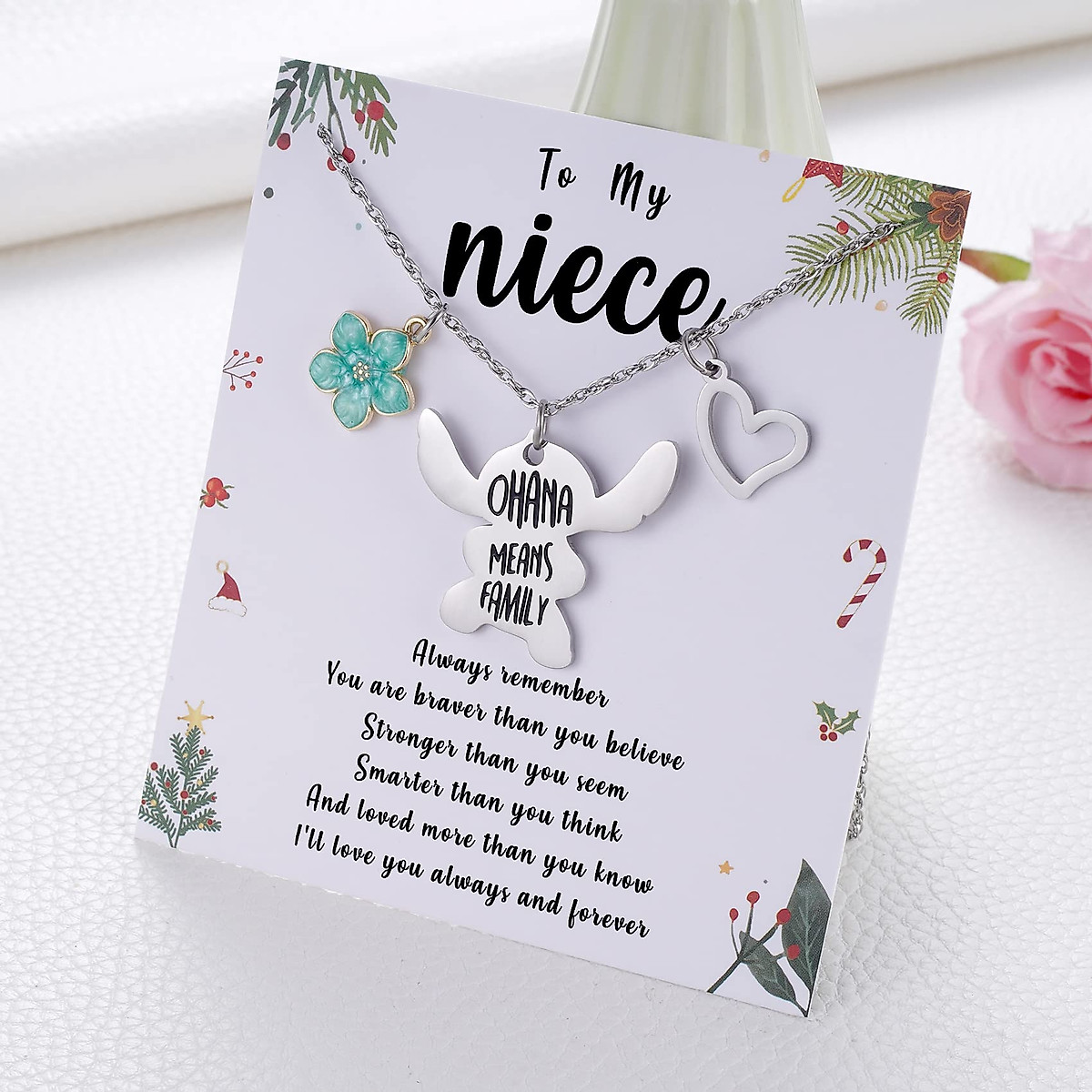 MIXJOY Stitch Gifts To My Niece Ohana Means Family Necklace&Message Card for Little Young Niece, Stitch Lover Birthday Graduation Gifts for Teen, Niece Gifts from Aunt Uncle, Stainless Steel