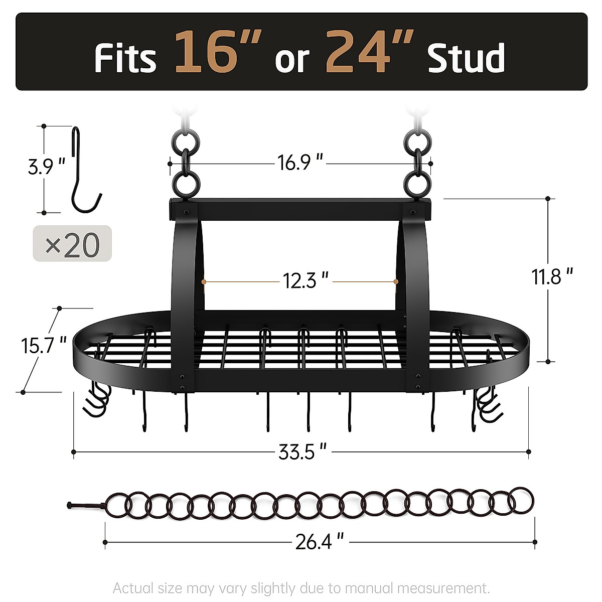 KES Ceiling Pot Rack 34-Inch Hanging Pot Rack for Kitchen Oval Pot and Pan Rack Matte Black Pot Hanger with 20 S Hooks, KUR221S85-BK