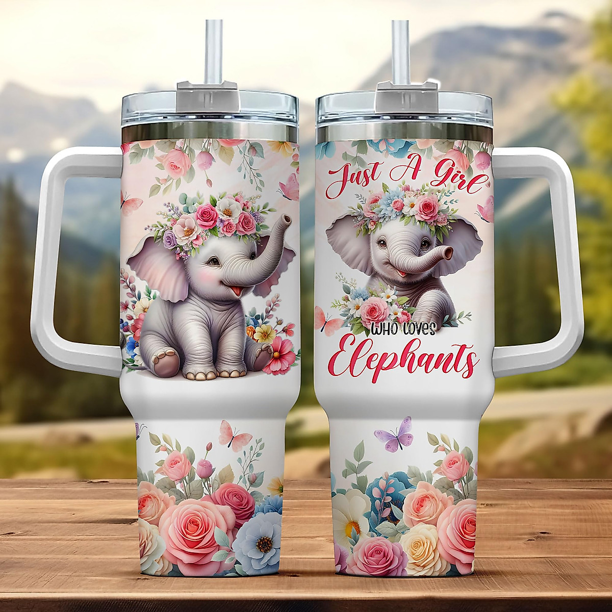 99OWL Elephant Gifts, Women Tumblers Yellow For Cute Flower Butterfly Coffee Handle Cups, Elephant Floral Just A Girl, Tumbler 40 Oz With Handle Lid And Straw