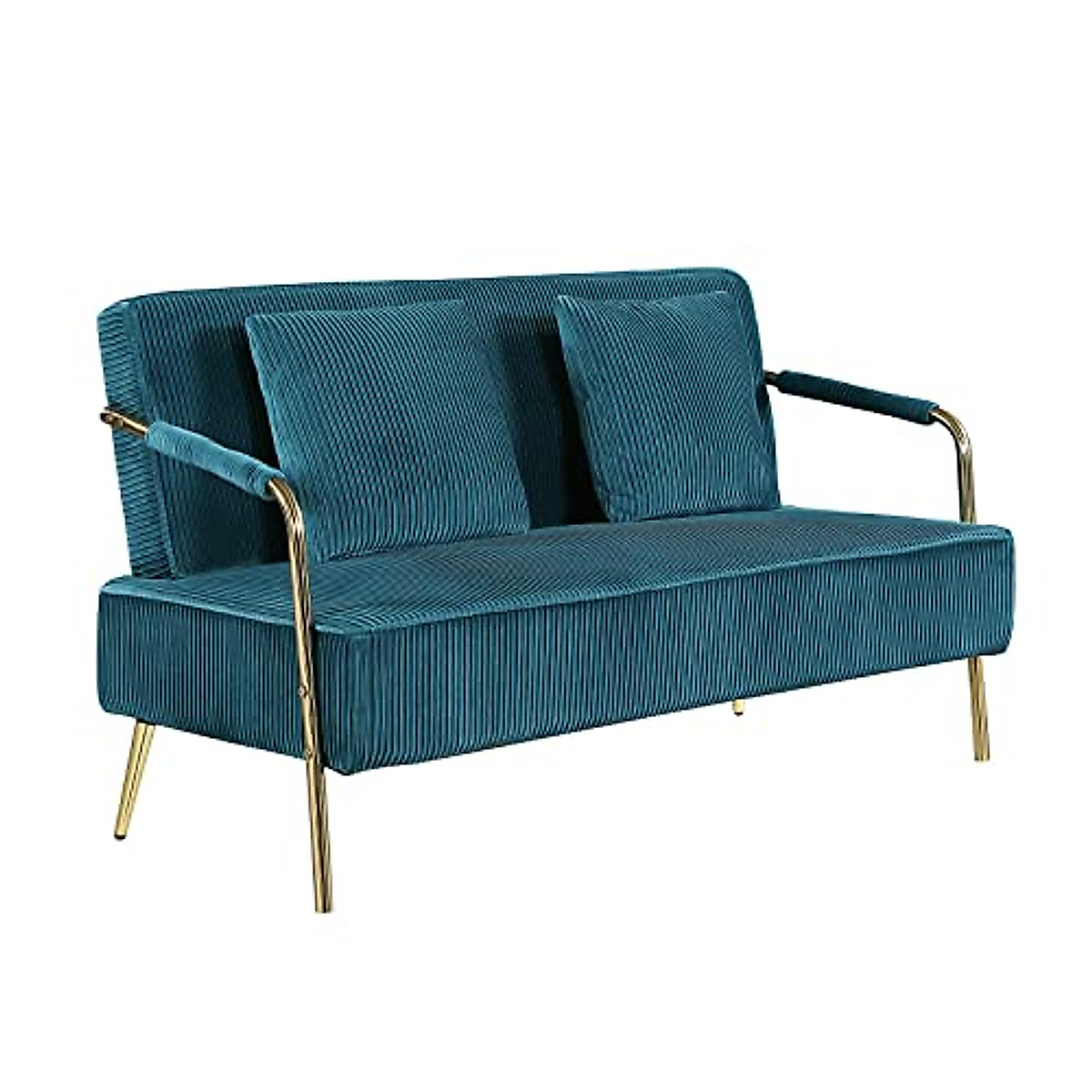 Homtique Loveseat Sofa Couch, Mid-Century Modern Velvet Love Seat Pleated Upholstered with 2 Pillows and Metal Legs, 56" Small Couches for Small Spaces Living Room, Bedroom (Teal)