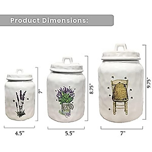 First of a Kind - Set of 3 Stoneware Canisters with Beehive, Lavender, and Bees - Decorative Kitchen Canister Sets - Ceramic Food Canister Jars for Tea, Sugar & Flour Storage