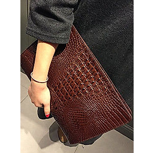 Mily Fashion Crocodile Pattern Oversize Leather Envelope Clutch Ladies Portfolio Evening Handbag Brown