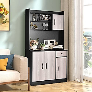 COSTWAY Freestanding Buffet with Hutch, Kitchen Pantry Storage Cabinet with 5-Position Adjustable Shelves, Kitchen Buffet Cabinet with Open Shelves, Doors and Drawer for Home (Black)