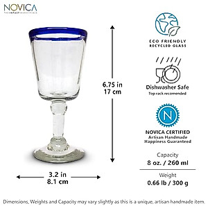 NOVICA Hand Blown Clear Cobalt Blue Rim Recycled Glass Wine Glasses, 8 Oz 'Chardonnay' (Set Of 6)