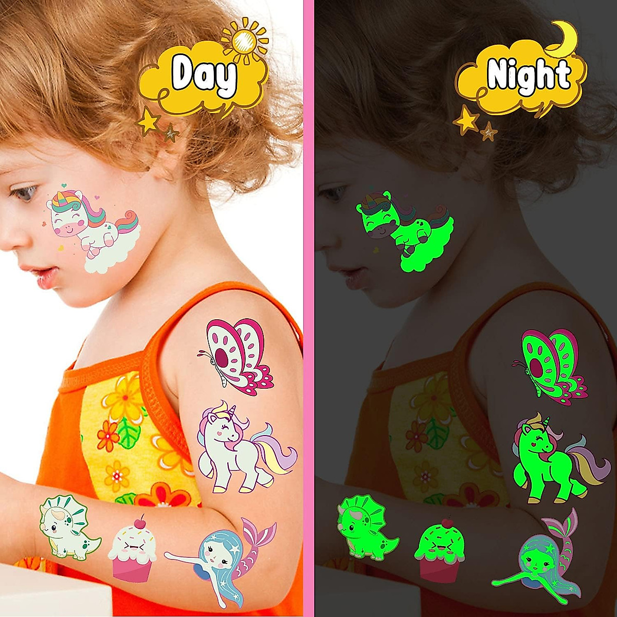 123 Styles Temporary Tattoos for Kids Girls,Fake Butterfly Dinosaur Tattoo Stickers for Kids,Birthday Party Supplies Favors for Kids Glow Makeup in the Dark