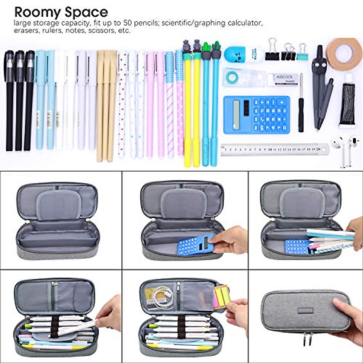 Aiscool Big Capacity Pencil Case Holder Canvas Bag Pen Organizer Pouch Stationery Box Oxford Cloth Large Storage for School Supplies School Office Stuff (Gray) 8.5 x 4 x 2.4 inches