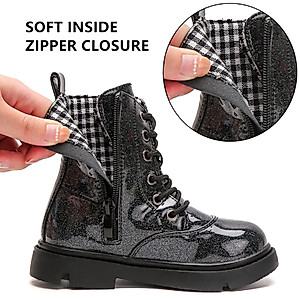 DADAWEN Boys Girls Waterproof Lace Up Glitter Mid Calf Combat Boots With Side Zipper for Toddler/Little Kid/Big Kid Black Glitter US Size 2 M Little Kid