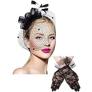 Boao Bowknot Fascinator Hat Tea Party Hat Feathers Veil Mesh Headband and Short Lace Gloves Floral Lace Gloves(Black, Adult)