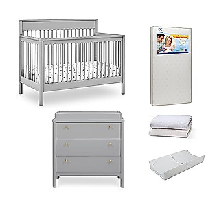 Delta Children Remy Crib 6-Piece Baby Nursery Furniture Set–Includes: Convertible Crib, Dresser, Changing Top, Crib Mattress, Sheets, & Changing Pad, Grey