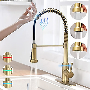 VIDEC Smart Kitchen Faucet, 3 Modes Pull Down Sprayer, Smart Touch On Sensor Activated, LED Temperature Control, 360-Degree Rotation, 1 or 3 Hole Deck Plate. (KW-66J, Brushed Gold, 17.90 Inches)