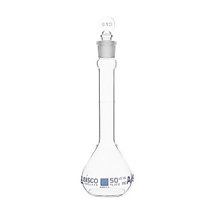 EISCO Volumetric Flask, 50ml - Class A, ASTM - Tolerance ±0.050 ml - Glass Stopper - Single, Blue Graduation