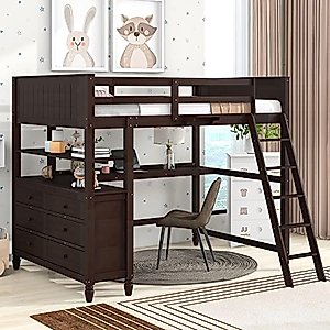 GINGVAT Full Size Loft Bed with Drawers and Desk,Wood Loft Bed with Ladder and Shelves,for Bedroom,Dorm,Apartment,Espresso